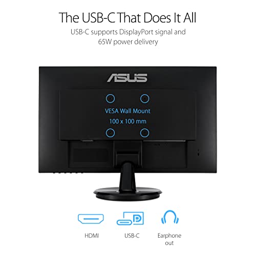 ASUS 27” 1080P Monitor (VA27DCP) - Full HD, IPS, 75Hz, USB-C 65W Power Delivery, Speakers, Adaptive-Sync/FreeSync, Eye Care, Low Blue Light, Flicker Free, VESA Mountable, Frameless, HDMI,Black