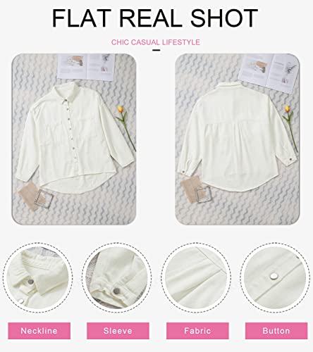 Dokotoo Shacket Jacket Women V Neck Roll Up Long Sleeve Pocket Denim Jean Jacket Shirts Shacket Casual Solid Boyfriend Button Down Blouses with Bust Pockets White L