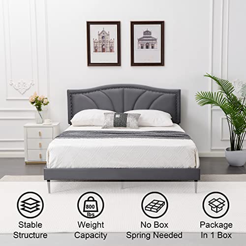 AsKmore Queen Size Bed Frame,Velvet Upholstered Platform Bed with Decorative Flower Line & Nailhead Trim Headboard with Wood Slat Support,No Box Spring Needed,Easy Assembly, Grey
