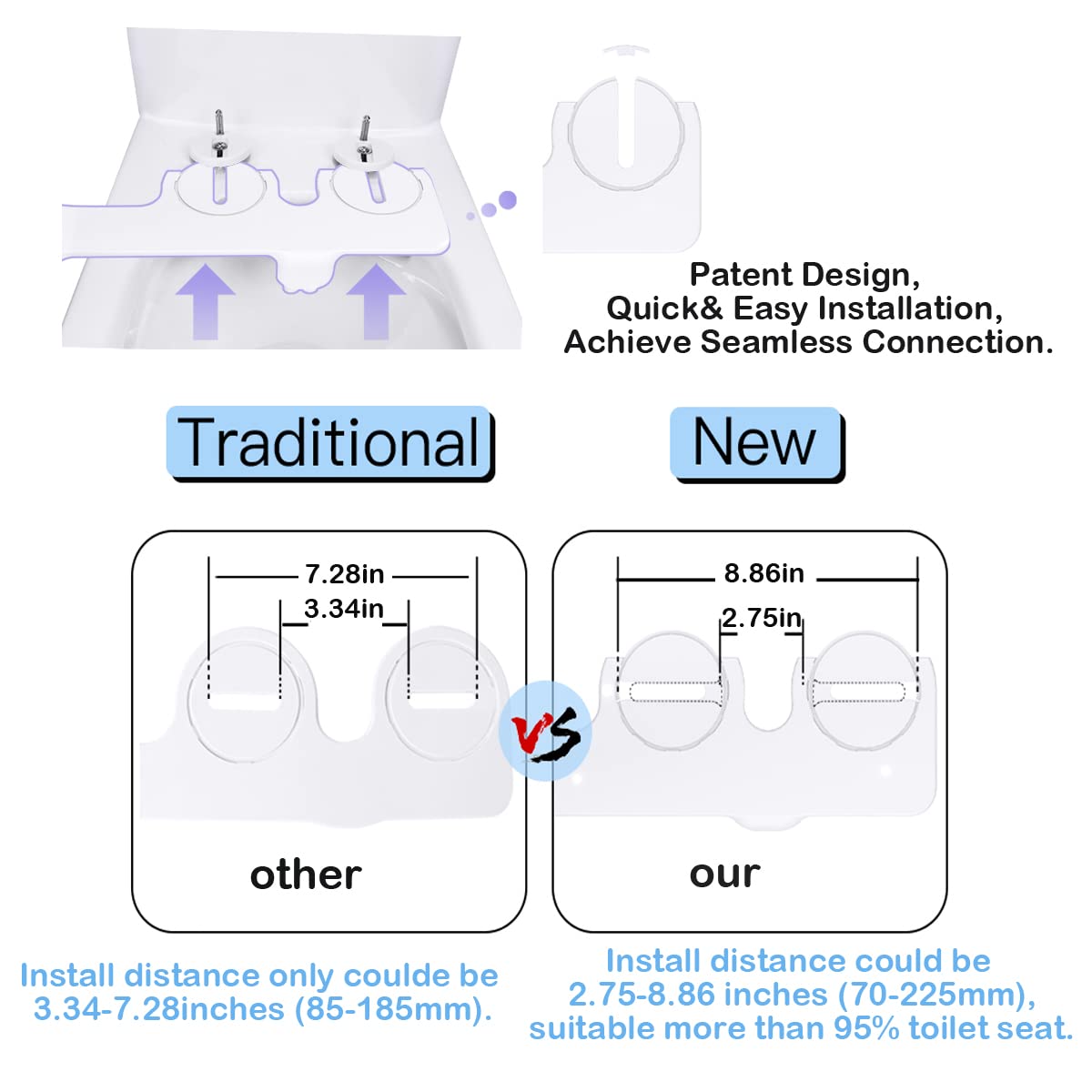 Bidet Attachment for Toilet, Dual Nozzle Sprays Adjustable Hot&Cold Water, Self-Cleaning and Retractable Nozzle, Toilet Seat Bidet Attachment for Rear, Feminine Wash