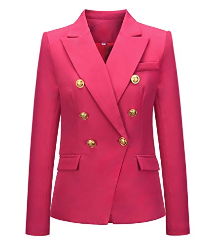 chouyatou Women's Vintage Double Breasted Slim Fit Dress Suit Blazer Jacket (Large, Hot Pink)