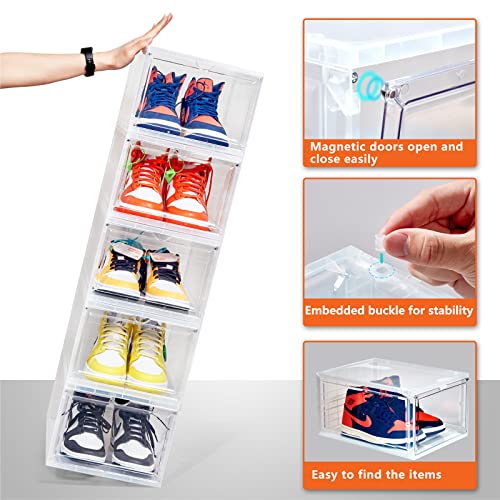 Drop Front Shoe Box,Set of 8 , Stackable Plastic Shoe Box with Clear Door, As Shoe Storage Box and Shoe Containers for Sneaker Display,Clear Shoe organizer and cases with lids, Fit up to US Size 12(13.4”x 9.8”x 7.1”)Clear