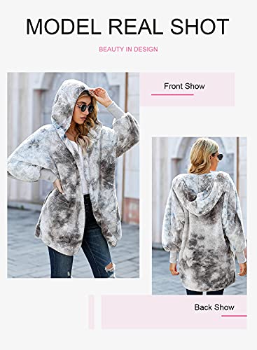 Dokotoo Womens Cozy Ladies Fashion 2023 Oversized Fuzzy Fluffy Fleece Winter Fall Soft Open Front Long Sleeve Fleece Hoodies Cardigans Sweaters Jackets Coat Outerwear Tie Dye Grey Medium