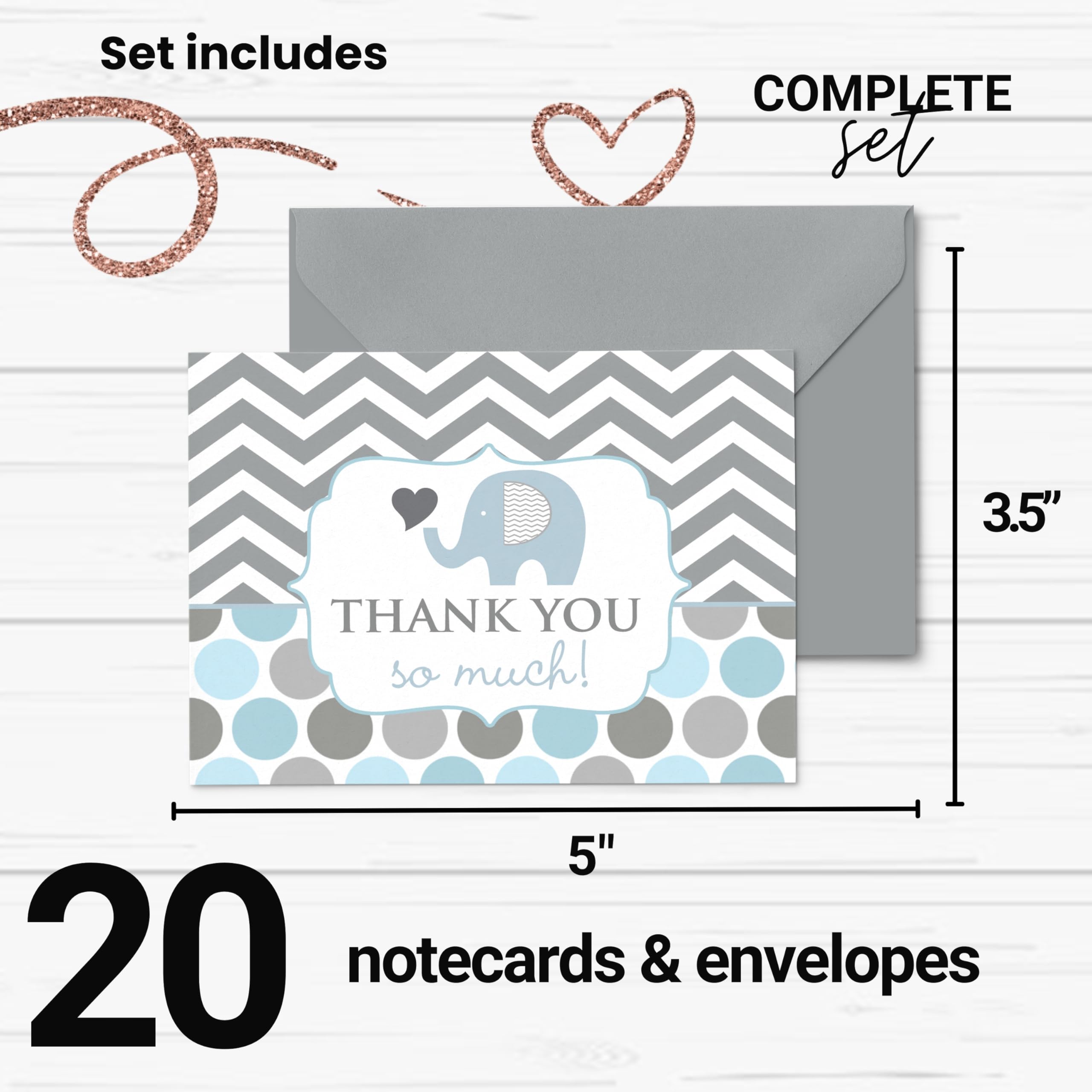 Paper Clever Party Blue Elephant Thank You Cards with Envelopes for Boys Baby Shower, Gender Reveal, Birthday, Everyday Occasions, Small Folded Note Set, 20 Pack