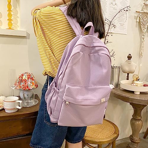 BOUTIKOME Solid Color Backpack for Women Aesthetic Travel Backpack Large Capacity Waterproof Casual Basic Backpack(Purple,One Size)