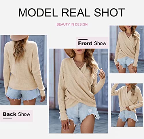 Dokotoo Womens Sweaters Winter Fall Cute Deep V Neck Wrap Chunky Cable Knit Short Fuzzy Pullover Crop Sweater Long Sleeve Jumper Tops Soft Comfy Apricot Large
