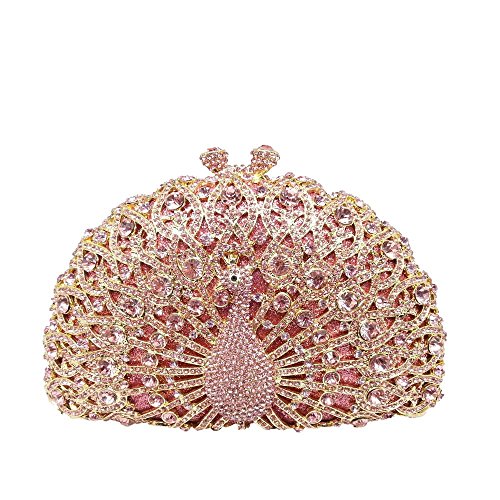 Boutique De FGG Elegant Crystal Clutches For Women Peacock Clutch Bag Evening Purses and Handbags (Small, Pink)