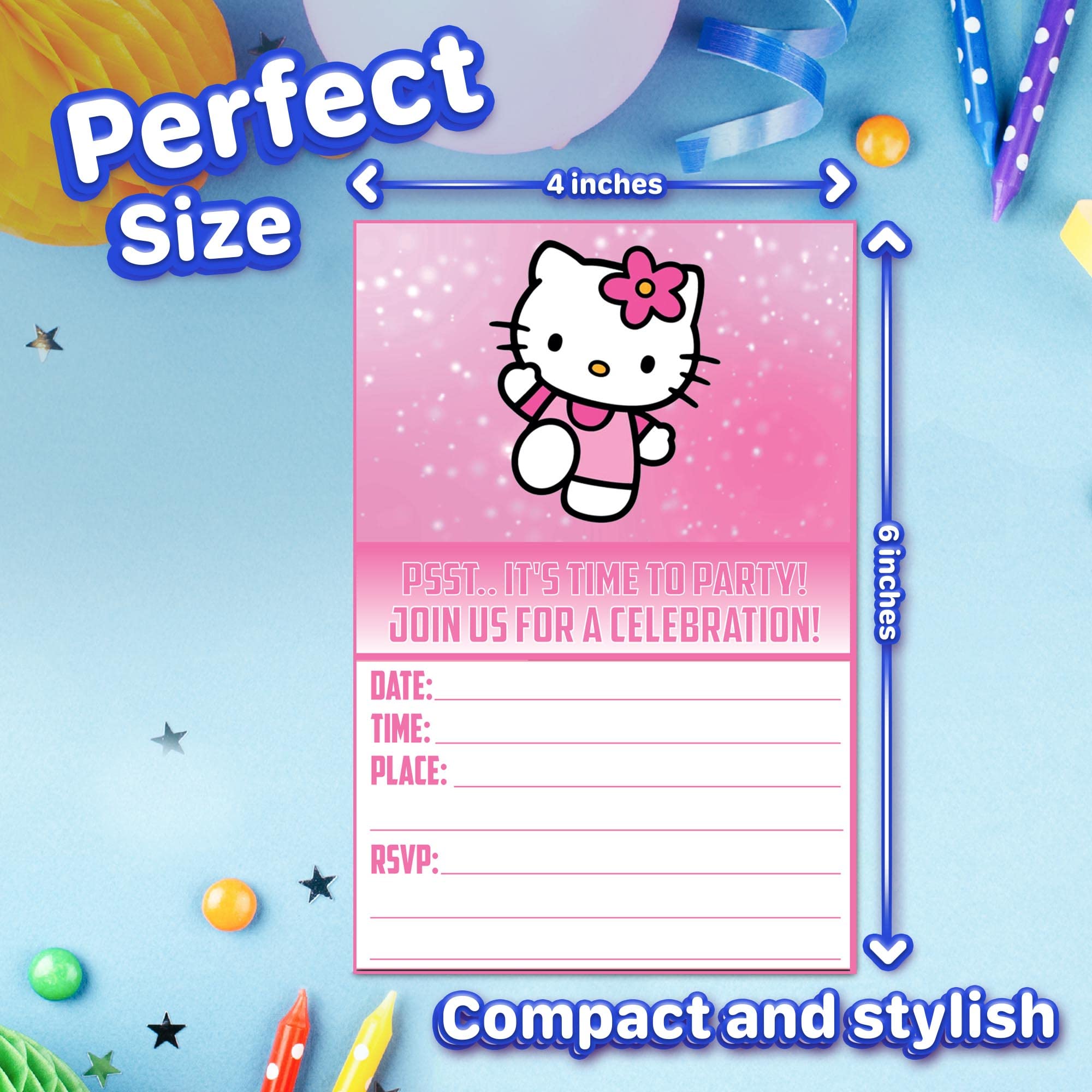 Set of 20 Cute Pink Cat Term or Description -Themed Happy Birthday Invitation Cards & Envelopes - Lightweight (240g), Postcard Style Invites for the Perfect Party Pack