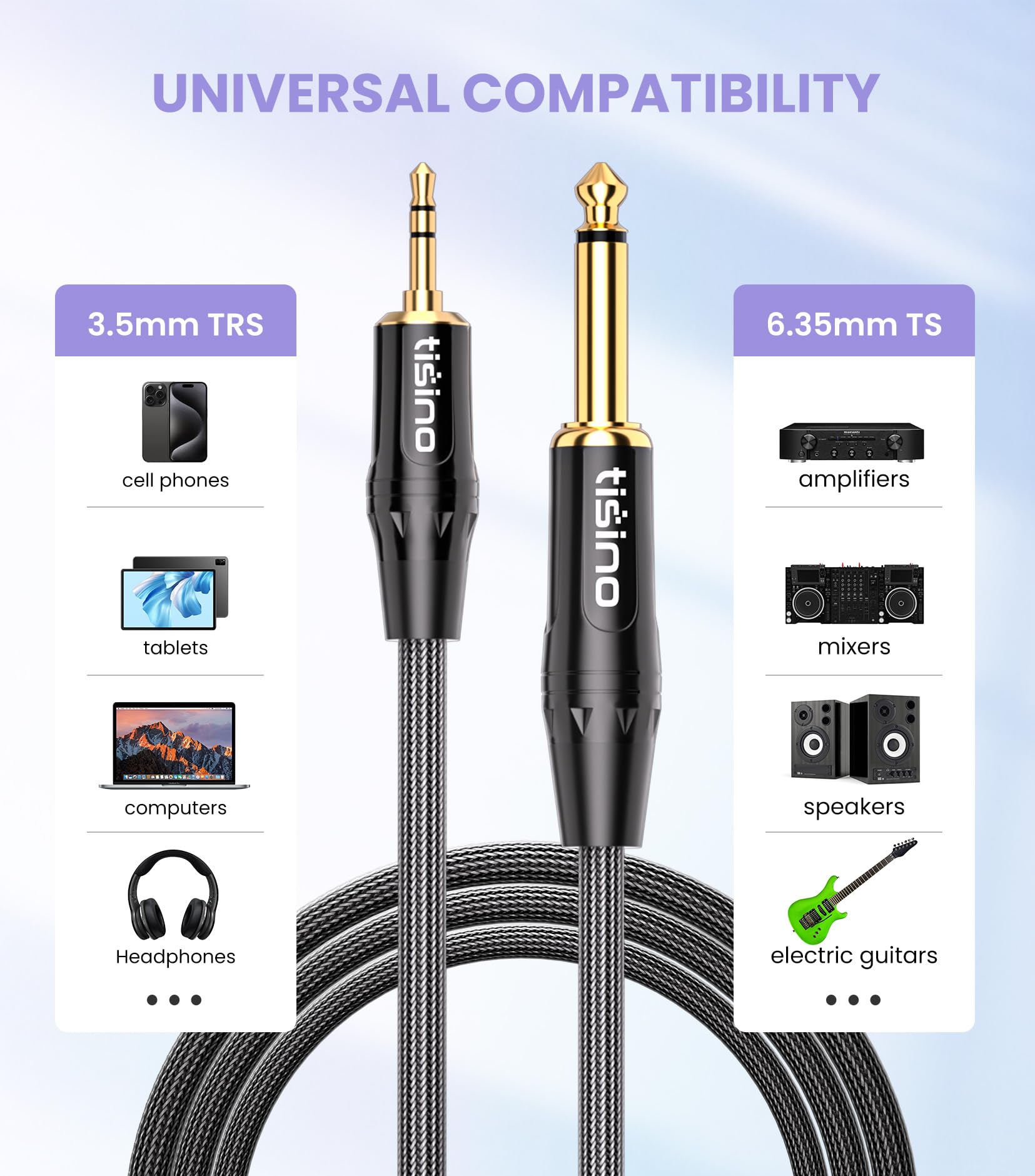 tisino 1/4 Mono to 1/8 Stereo Cable, 3.5mm TRS Stereo to 1/4 inch TS Mono Interconnect Cable (Mono to Stereo Adapter) - 10 feet
