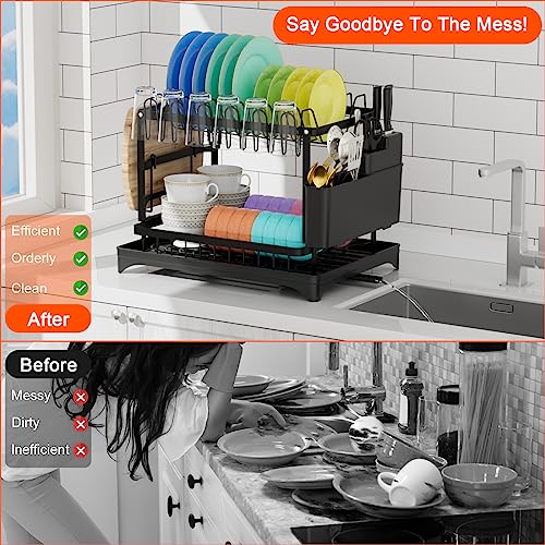 Baroflone Dish Drying Rack, 2 Tier Dish Drying Rack Large Capacity, Rust-Proof Stainless Steel Dish Racks for Kitchen Counter with Drainboard, Cutting Board Holder - Black