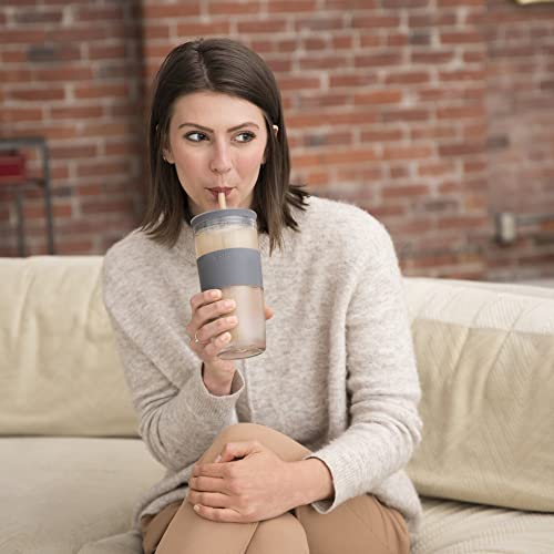 HOST Straw and Lid Plastic Double Wall Insulated Freezable Drink Chilling Tumbler with Freezing Gel Glasses for Red and White Wine, 16 oz, Grey