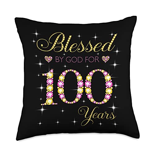 Blessed by God 100th Birthday Gift for Ladies Blessed by God for 100 Years Old 100th Bday Gift for Women Throw Pillow, 18x18, Multicolor