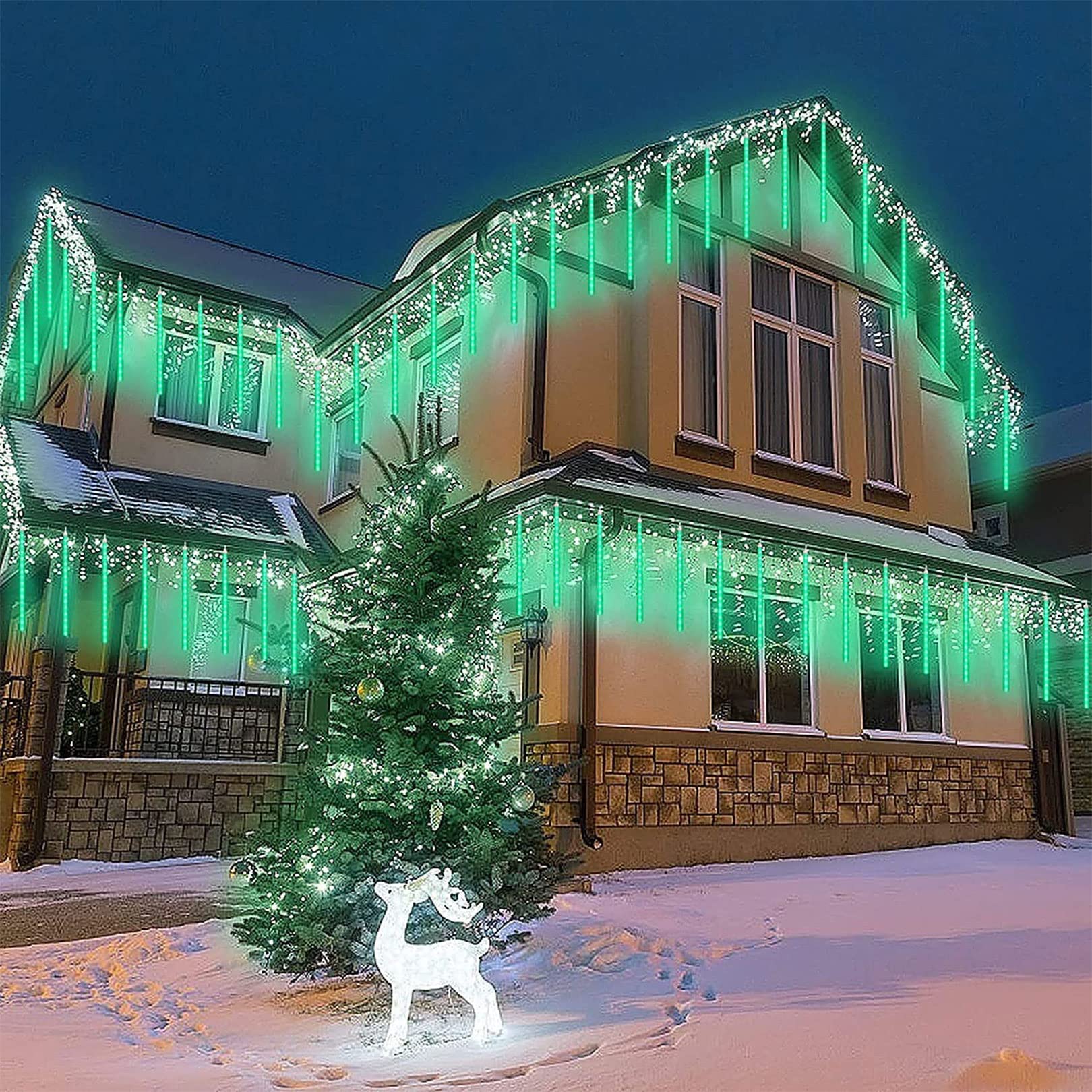 Meteor Shower Rain Light 80cm 8 Tubes 576 LED Waterproof Falling Rain Lights Snow Falling for Home Decor Wedding Garden, Green