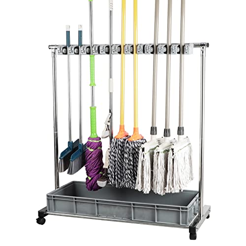 AUNEVN Movable Hand Trucks Mop Drain Rack Movable Closet Cabinet Floor-Mounted Mop Rack Tower Holder Long Tools Put Wet Mops Movable Floor Holder Stainless Steel Storage Rack/8Slots