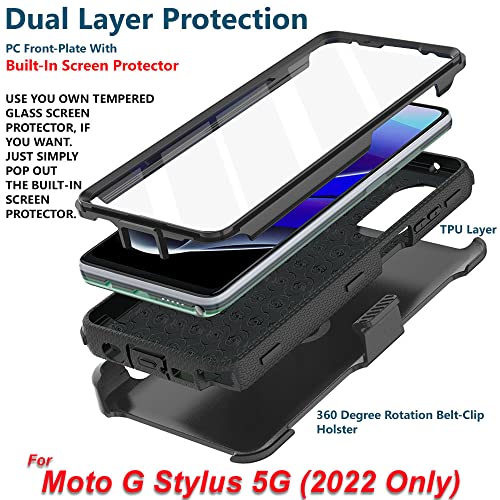 Covrware Aegis Series Case for Moto G Stylus 5G 2022 / XT2215, Full-Body Rugged Dual-Layer Shockproof Protective Swivel Belt-Clip Holster Cover with Built-in Screen Protector, Kickstand, Black