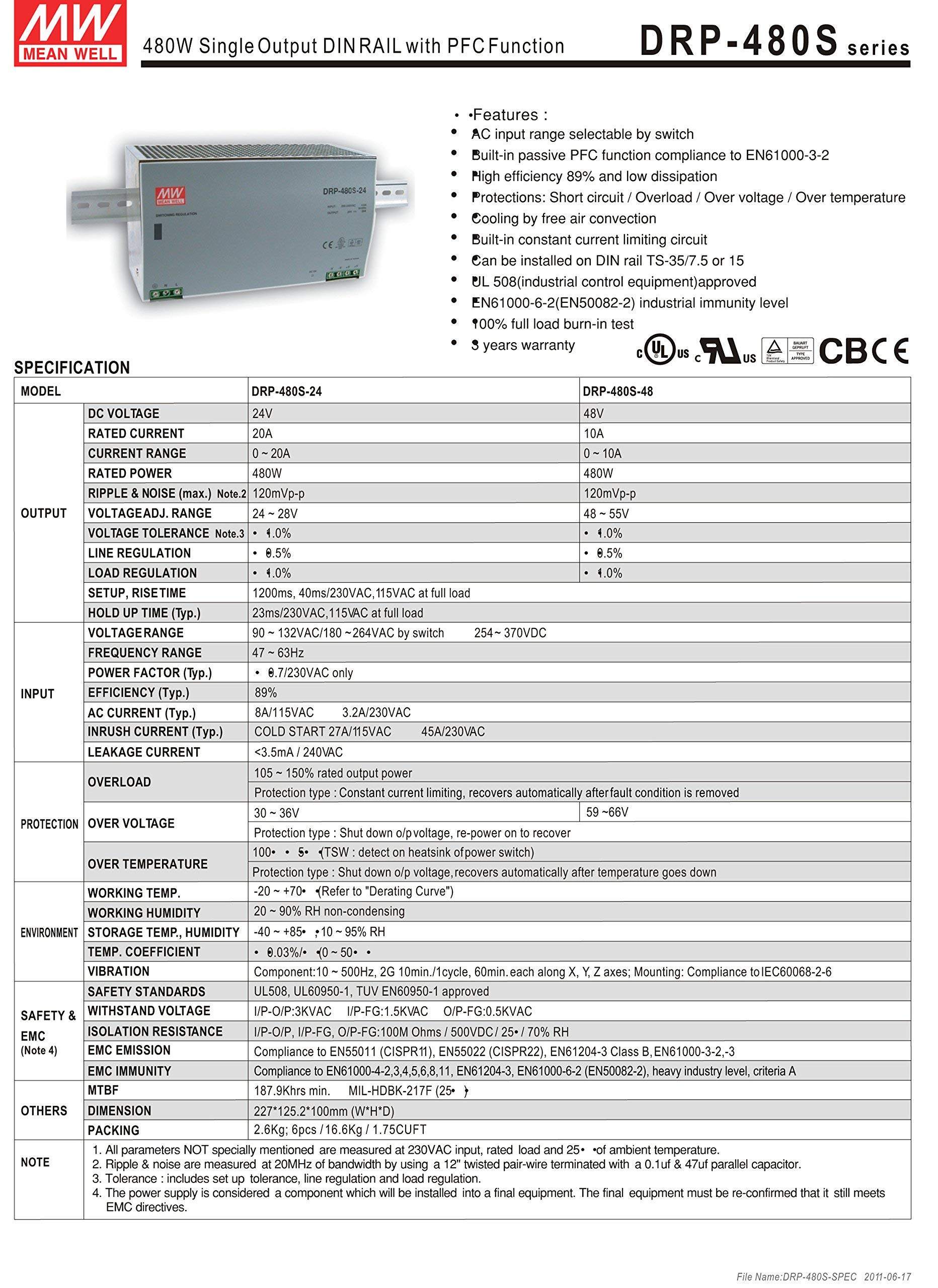 MW Mean Well DRP-480S-48 48V 10A 480W Single Output Industrial DIN Rail with PFC Function Power Supply