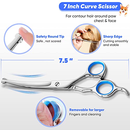 Dog Grooming Scissors Kit with Safety Round Tips, 4CR Stainless Steel Professional 6 in 1 Grooming Scissors for Dogs, Heavy Duty Titanium Coated Sharp & Durable Dog Thinning Shears For Pets, Blue