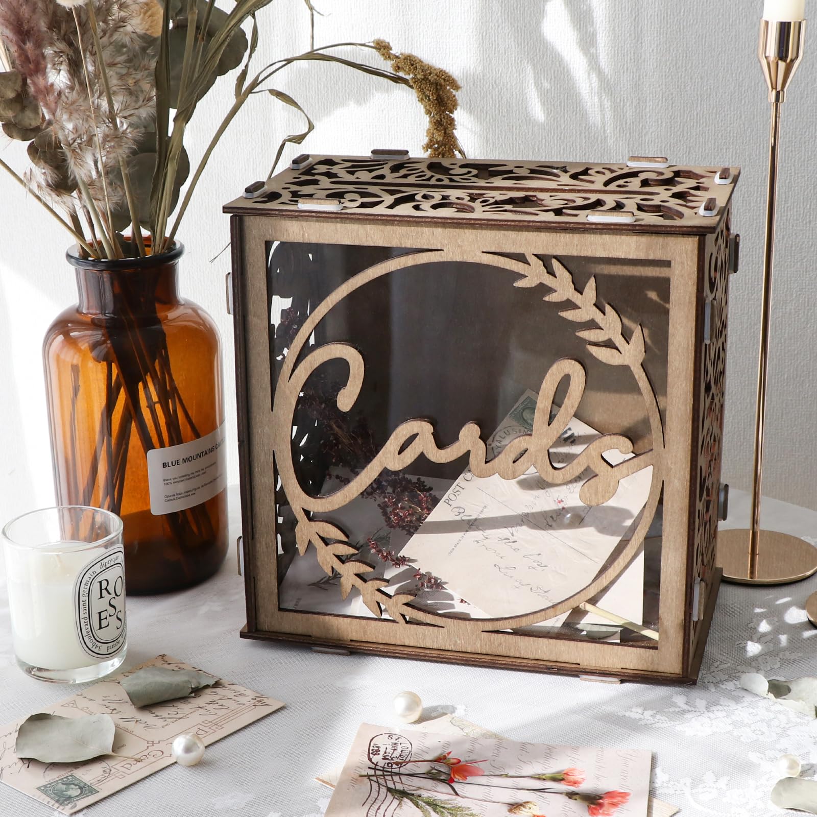 OurWarm Wedding Card Box for Wedding Reception, Wooden Wedding Card Boxes with Window, Brown Wedding Envelope Money Gift Card Box for Baby Shower Birthday Graduation Party Rustic Wedding Decorations