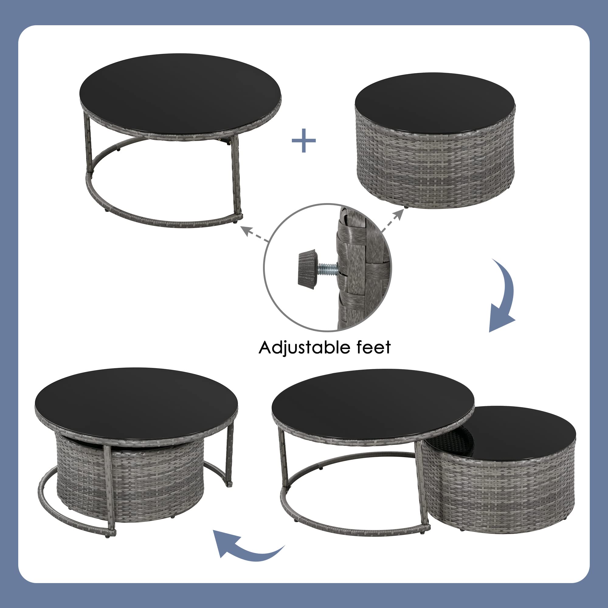 Bellemave 9-Piece Patio Sectional Set Half-Moon Sofa Set Gray Wicker Curved Outdoor Sofa with Gray Cushions & Nesting Coffee Table, All-Weather PE Wicker Semi-Circular Couch