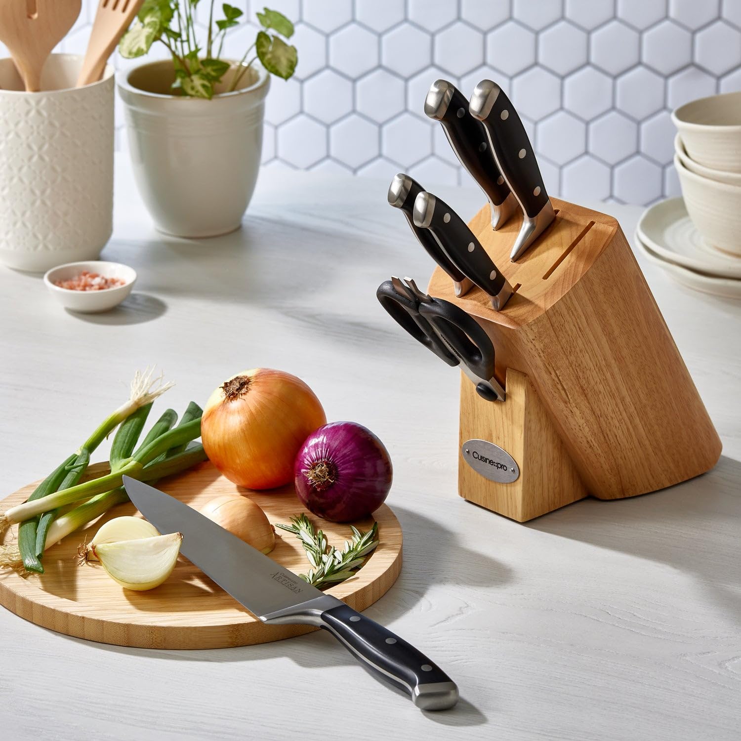 Cuisine::pro Artisan™ Knife Block (Licht, 7 Piece Set) - Premium German Stainless Steel, Complete Knife Set, Full Tang Handles, Guard Lip, Stylish Block Display, Professional Kitchen Knives