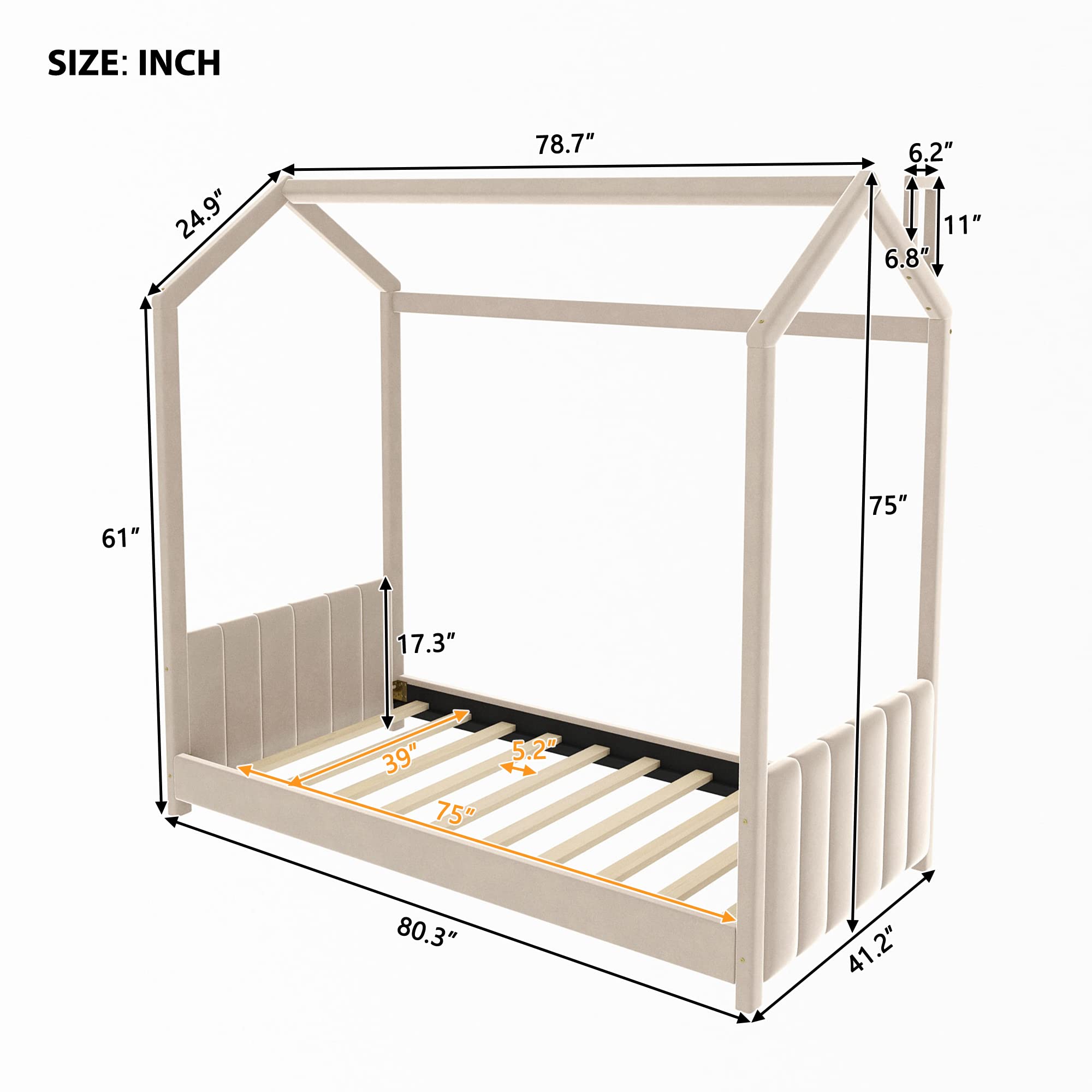Bellemave House Beds Twin Size Velvet Montessori Bed for Kids Upholstered Floor Frame with Headboard & Footboard Girls Boys Teens, Beige