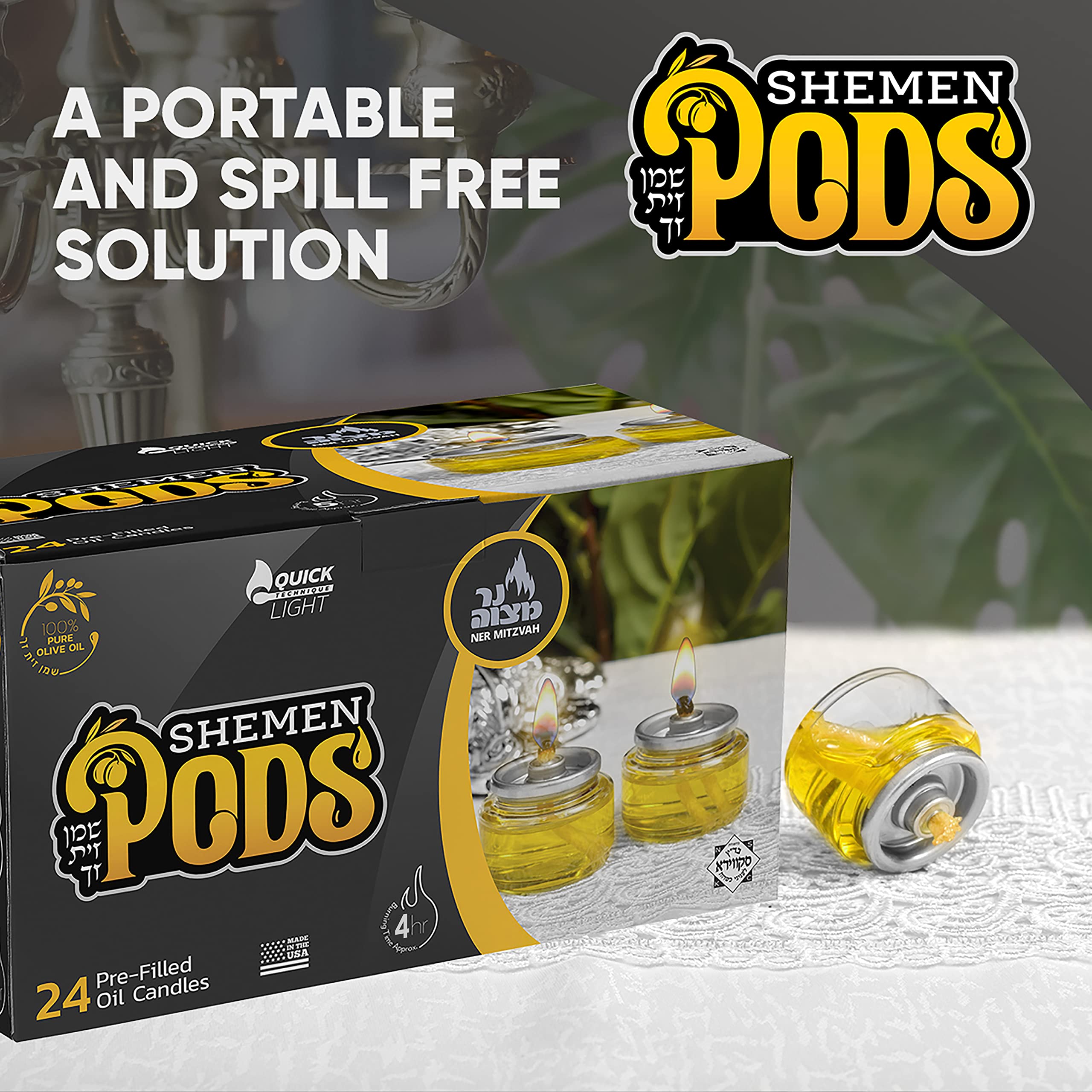 Ner Mitzvah Extra Virgin Olive Oil Shabbat Candles - 4 Hour Olive Oil Candles - 24 Pack Pre-Filled Shabbos Candles with Quick Light Technique