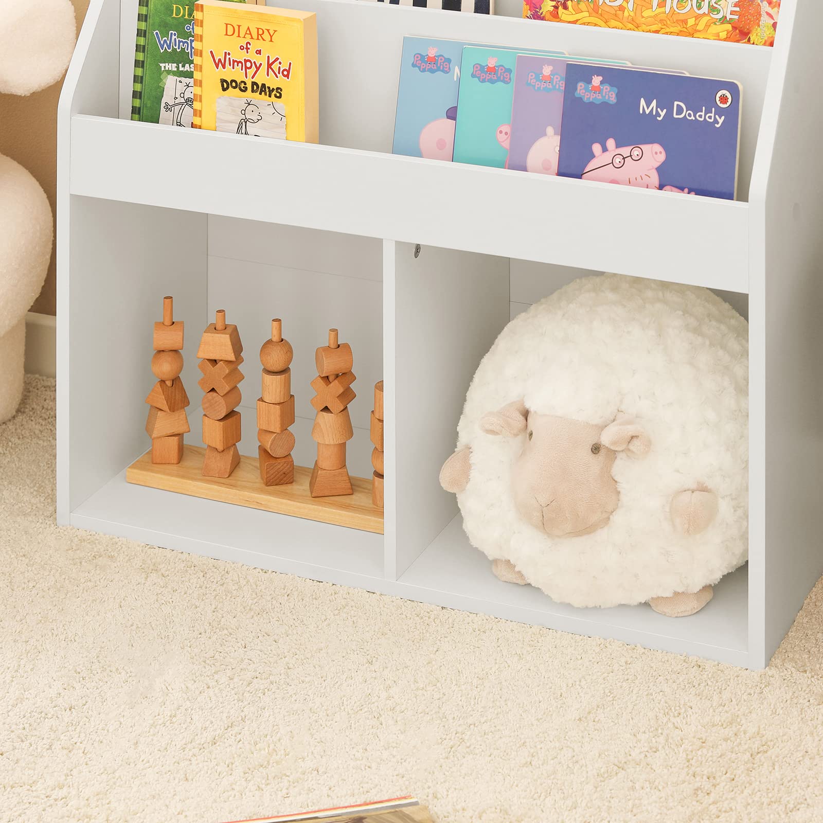 SoBuy Kids Book Shelf 3 Titers Children Bookcase, Toy Shelf Storage Display Shelf Rack Organizer Holder Playroom Nursery Classroom Library, White, KMB39-W