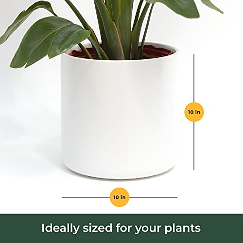 Bees & Buds 10 inch White Plant Pot - White Planters for Indoor Plants - Ceramic Planter Pots with Drainage - Mid Century Modern Large Flower Holder