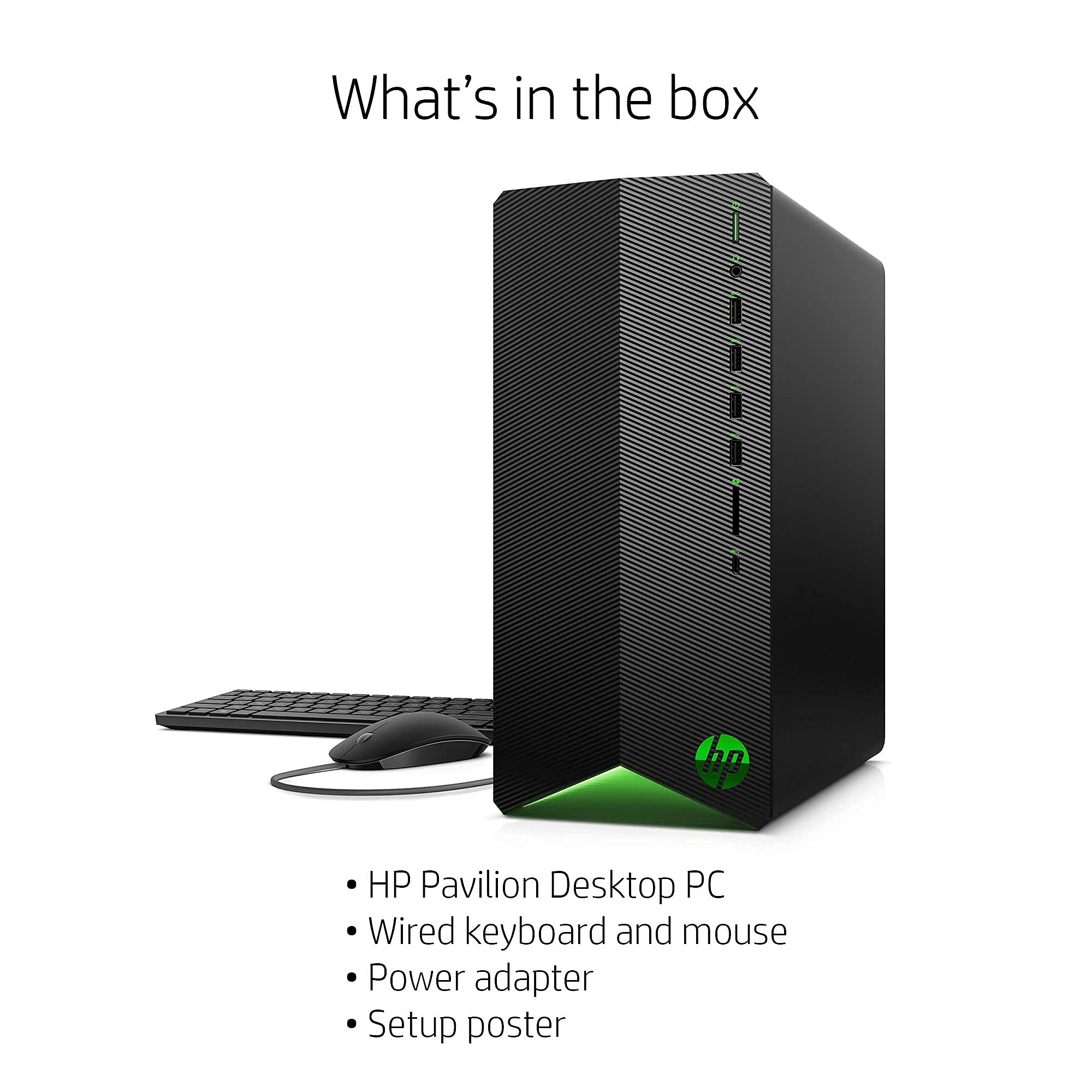 HP Pavilion Gaming Desktop Computer, AMD Ryzen 5 5600G Processor, 32GB RAM, 512GB NVMe SSD, 1TB HDD, Mouse and Keyboard, Windows 10 Home, HDMI Cable