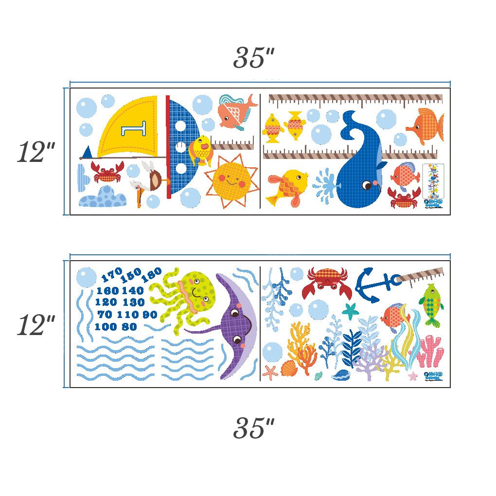 Wland 22 inches x 67 inches Undersea Fish Whale Octopus Crab Growth Chart Removable Vinyl Wall Decals Stickers for Children Room Nursery