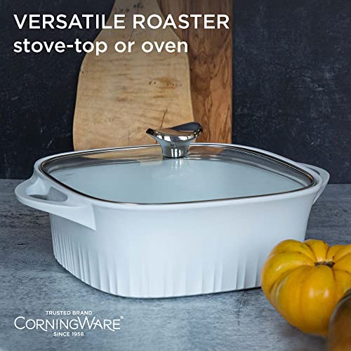 CorningWare, Non-Stick 3.2 Quart QuickHeat Roaster with Lid, Lightweight Roaster, Ceramic Non-Stick Interior Coating for Even Heat Cooking, French White