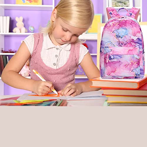 Biesena.h Backpack For Girls School Backpack Set With Lunch Box Kids Book Bag Toddler Backpack Waterproof Travel Bag (Red-Marble)