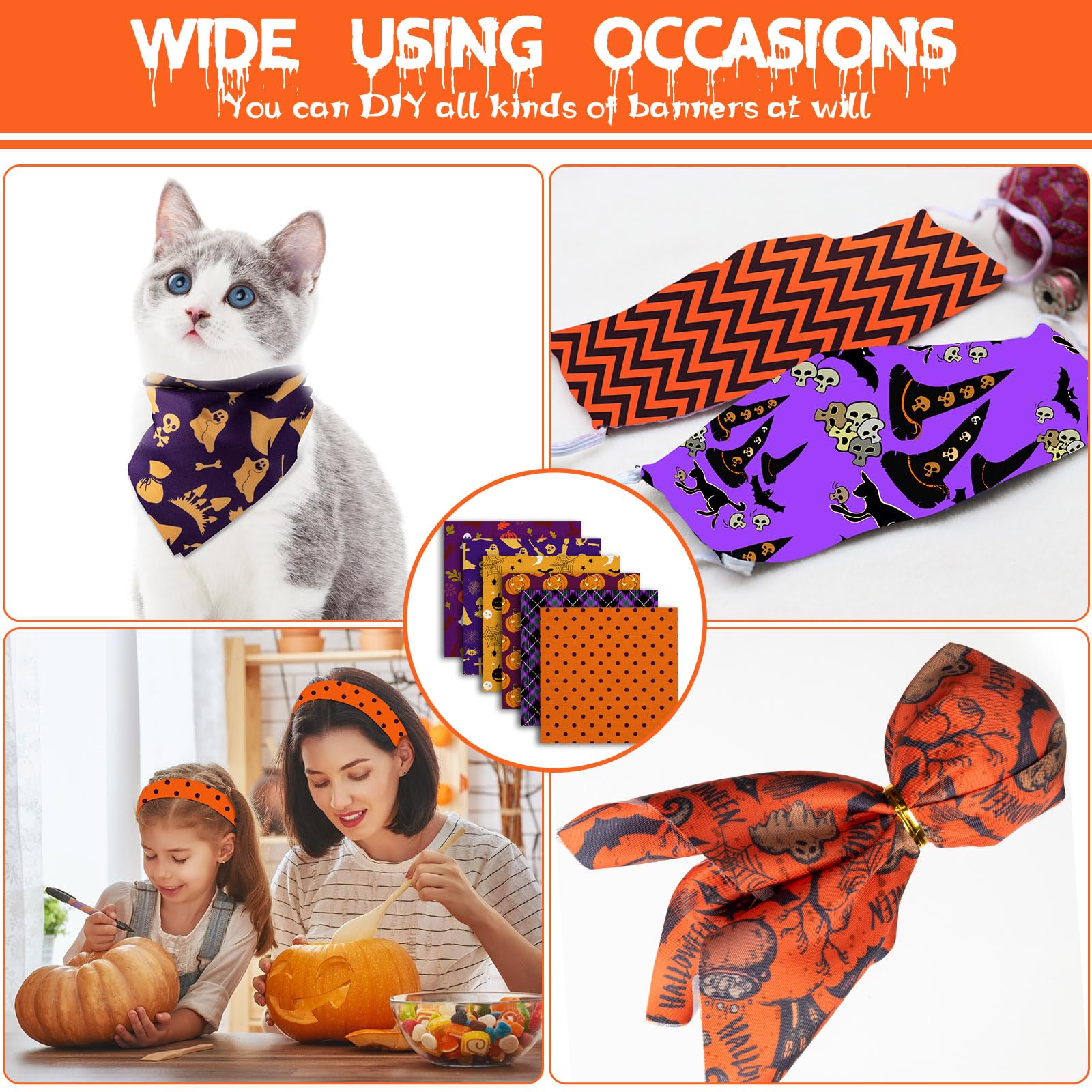 60 Pcs 10 x 10 Inch Halloween Fabric Polyester Fabric Bundle Fat Quarters Bat Pumpkin Ghost Skull Print Fabric Squares Holiday Quilting Fabric for DIY Decorations Sewing Craft, 30 Styles (Pumpkin)