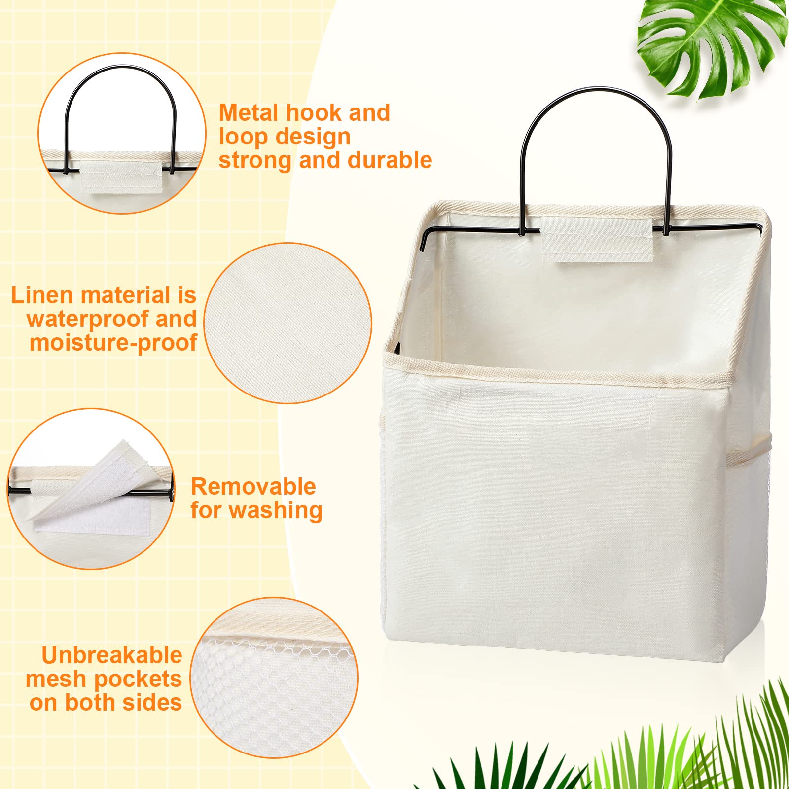 Chumia 6 Pack Wall Hanging Storage Basket Bathroom Closet Hanging Storage Bag Over The Door Hanging Basket Bedroom Wall Storage Organizer Waterproof Linen Cotton Box Containers and 10 Hooks(White)