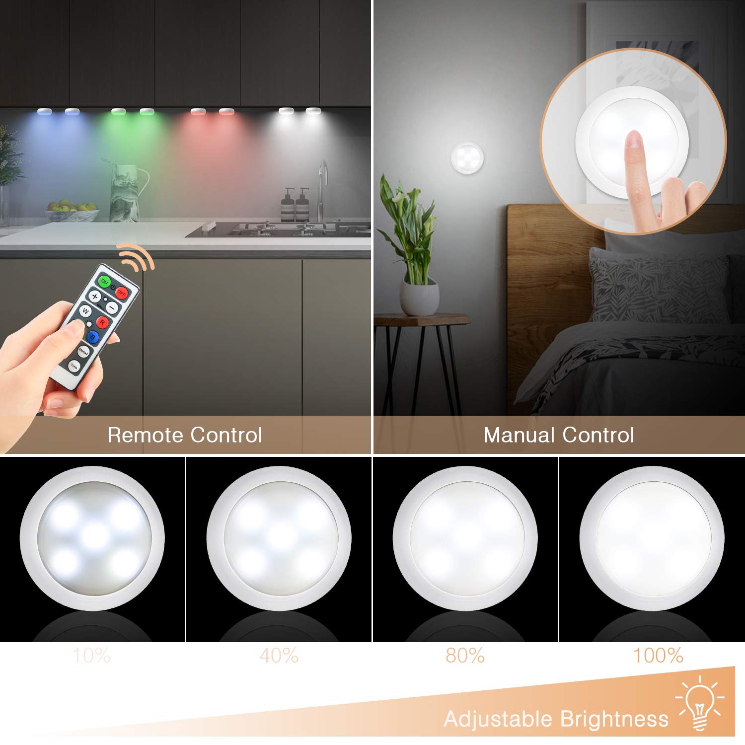 AISITIN Puck Lights Battery Operated Lights with Remote Control, 8 Pack Closet Lights Under Cabinet Light 16 Colors 3 Modes (6000K/4000K/RGB), LED Closet Light with 2 USB Cables