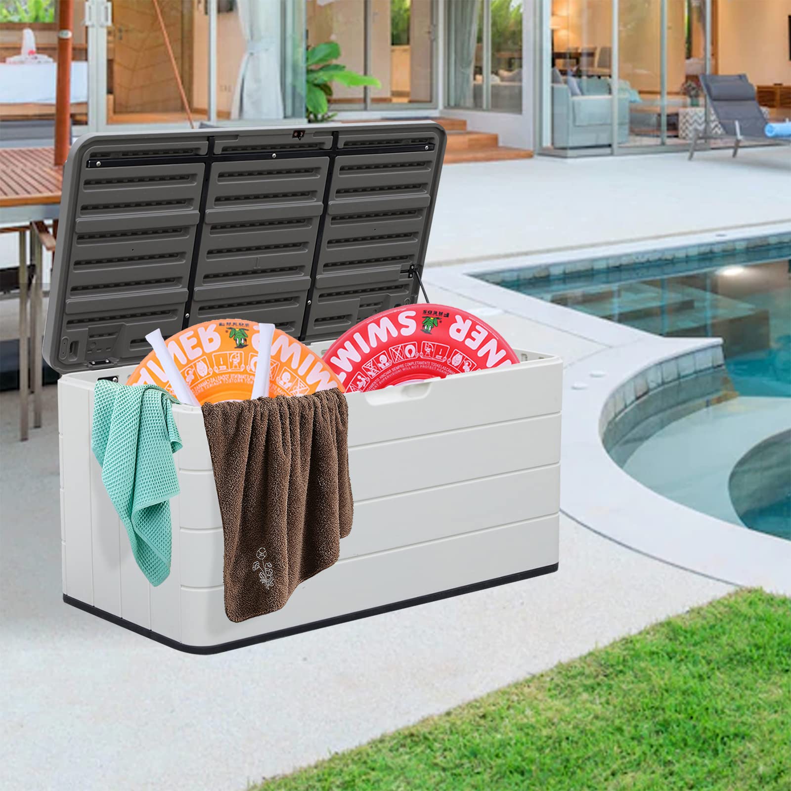 Mrosaa 110 Gallon Outdoor Deck Box, Outside Storage Box Waterproof for Cushion Storage, Garden Tools, Lockable Outdoor Storage Bin, Light Beige