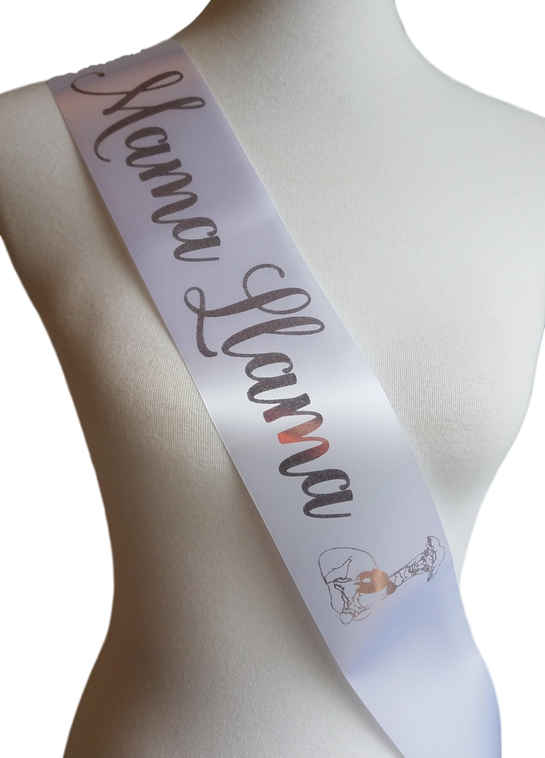 Amy's Bubbling Boutique Mama Llama Baby Shower Sash for Mom to Be White & Rose Gold with Adjustable Rhinestone Safety Pin