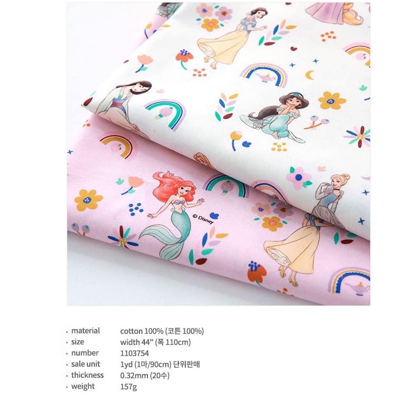 Premium Quality Disney Cotton Fabric Princess Character Fabric by The Yard 44" Wide (Rainbow Princess(Ivory))