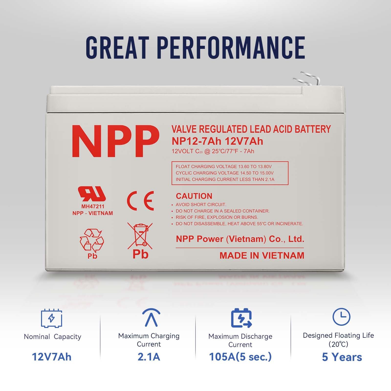 NPP 12V 7Ah Rechargeable AGM SLA Battery with F1 Terminals, for ADT Security Alarm System, UPS, Verizon Fios Box etc