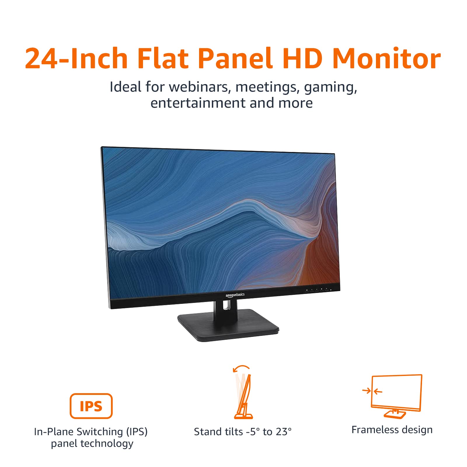 Amazon Basics 24 Inch Monitor Powered with AOC Technology, FHD 1080P, 75hz, VESA Compatible, Built-in Speakers, Black