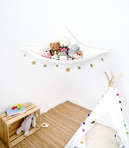 Mkono Stuffed Animal Toy Hammock Hanging Macrame Stuffed Animals Storage Net with Wooden Stars Decorations Boho Large Corner Plush Toys Holder for Nursery Playroom Kids Room Organizer, White