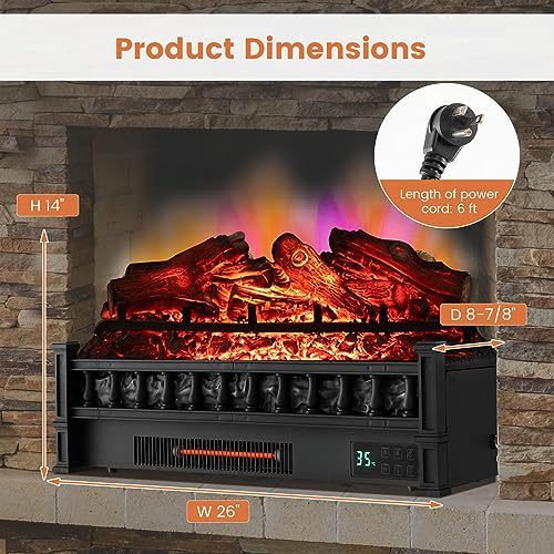 COSTWAY 26-inch Eternal Flame Electric Fireplace Log, 1500W Fireplace Insert with Remote Control, Realistic Lemonwood Ember Bed, 8H Timer, 5 Flame Modes, Fireplace Log Heater for Home Decor, Black