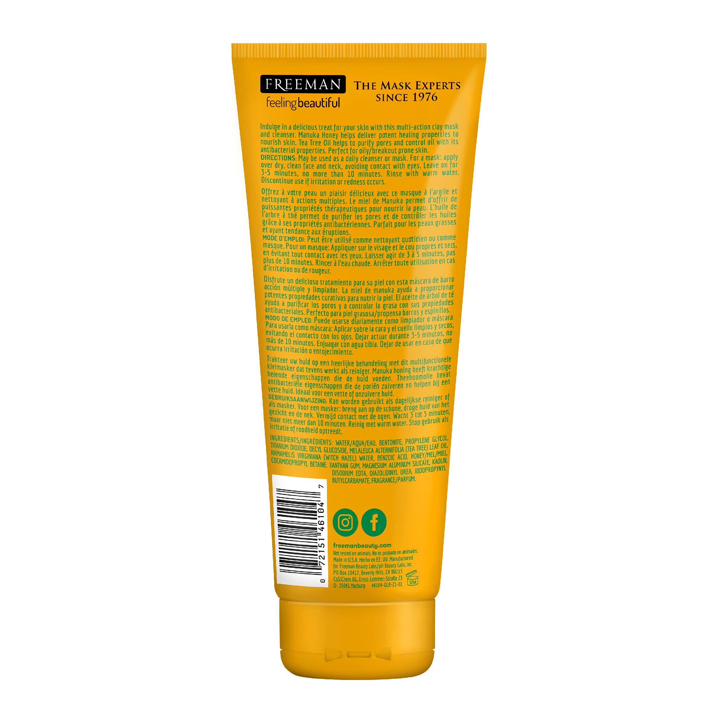 Freeman Deep Clearing Manuka Honey & Tea Tree Oil Clay Mask + Cleanser, Healing and Skin Purifying Beauty Face Mask, 6 fl oz tube/175 mL