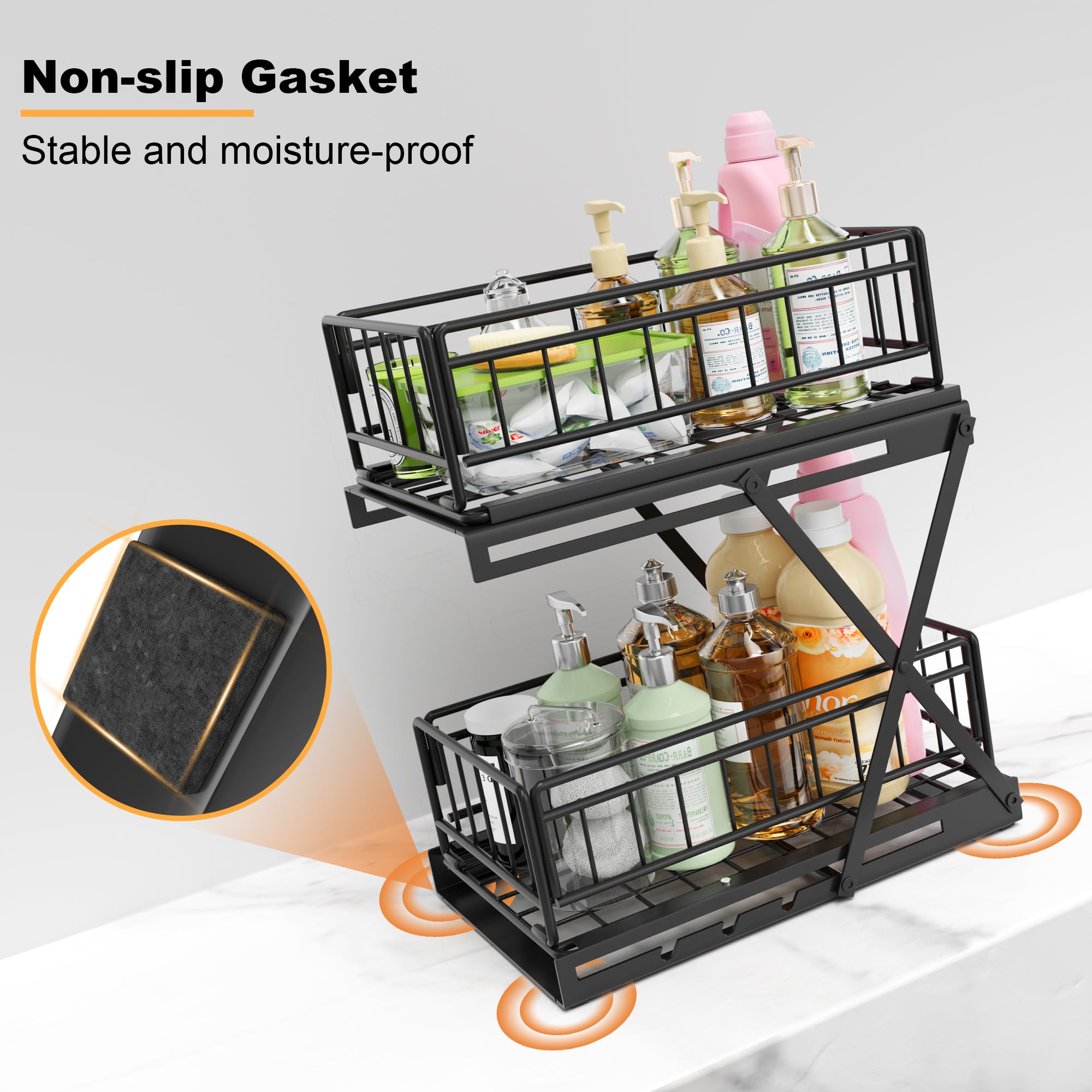 Under Bathroom Sink Organizer, 2-Tier Under The Sink Organizer and Storage Adjustable Pull Out Organization Basket, Sliding Drawer Shelf with Hooks for Kitchen Bathroom Cabinet, 2 Pack