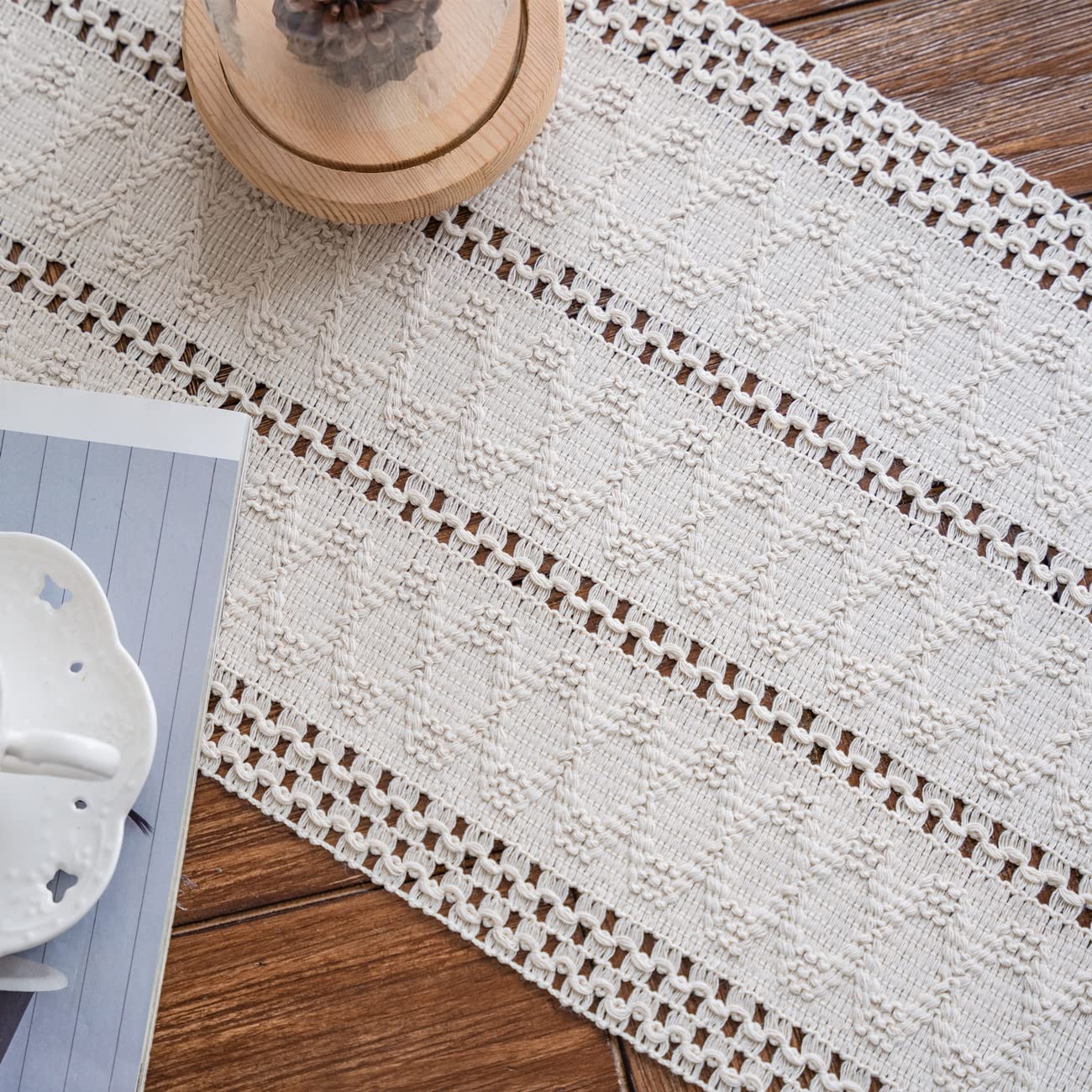 Alynsehom Macrame Table Runner Cream Beige Boho Table Runner with Tassels Hand Woven Cotton Table Runner Rustic Farmhouse Table Runner for Bohemian Kitchen Dining Table(12x71in)