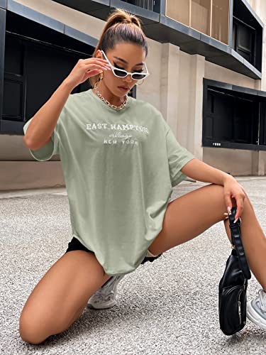 Cozyease Women's Letter Print Oversized Short Sleeve Round Neck Casual T Shirt Top Mint Green M