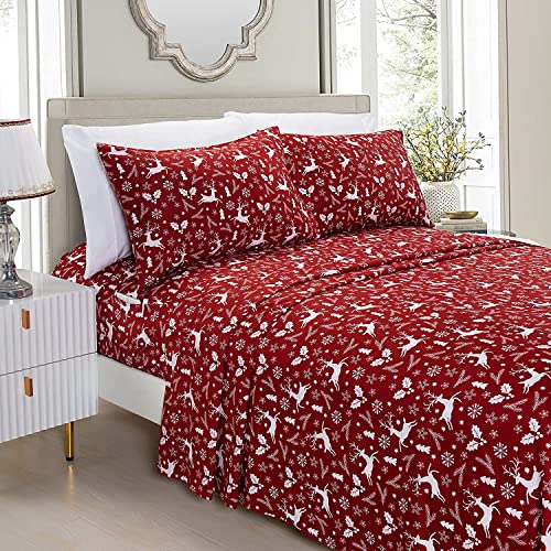Elegant Comfort Holiday Printed 6-Piece Sheet Set, 1500 Thread Count, Breathable and Super Soft Material, Wrinkle Resistant, Fitted Sheets with Smart Pockets, 6PC King, Burgundy Reindeer