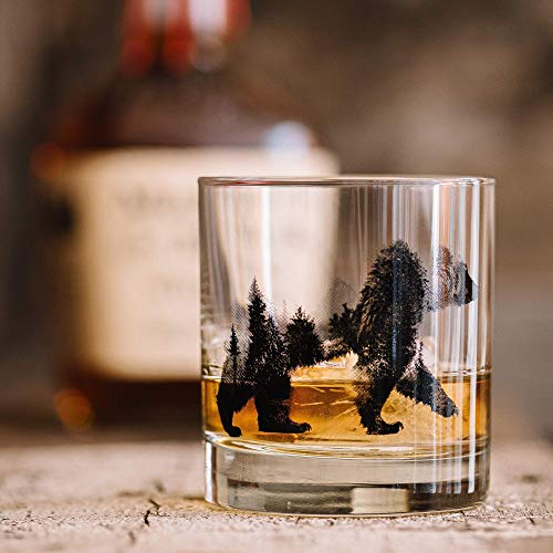 Black Lantern Whiskey Glasses – Handmade Whiskey Glass Set and Bar Glasses – Double Exposure Bear Design (Set of Two 11oz. Glasses)