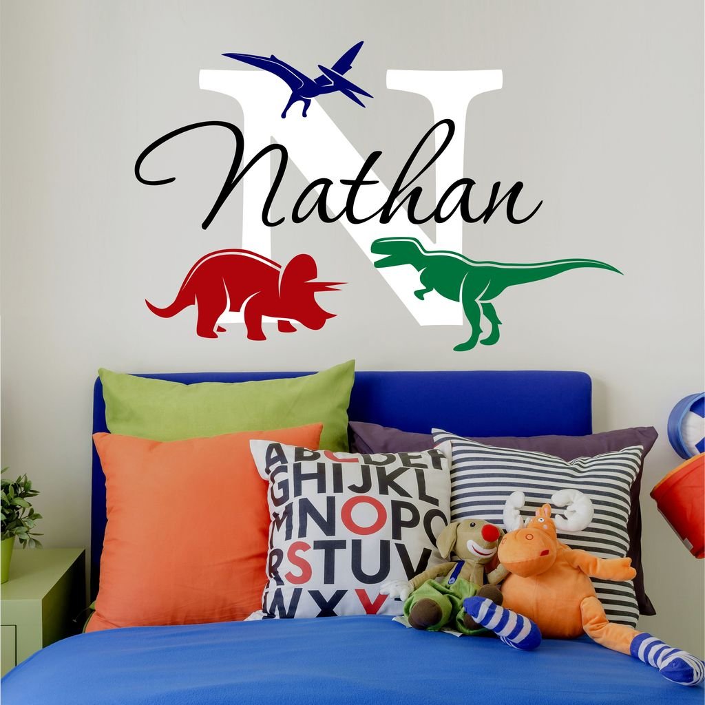 Nursery Boys Name and Initial Dinosaurs Personalized Name Wall Decal 20" W by 13" H, Boys Nursery Name Decals, Dinosaur Wall Decals, Boys Room Wall Stickers, Decals For Boys PLUS FREE HELLO DOOR DECAL