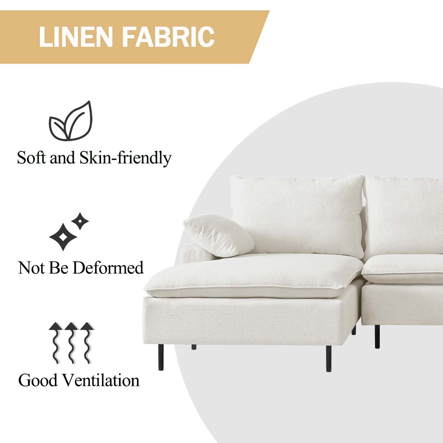 L Shaped Sectional Couches for Living Room, Comfy Sectional Sofa with Chaise Linen Fabric Furniture Sets for Apartment, Office, Beige